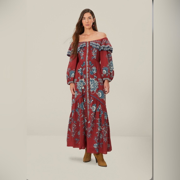 FARM Rio | Dresses | Farm Rio Red Tropical Landing Off Shoulder Maxi ...
